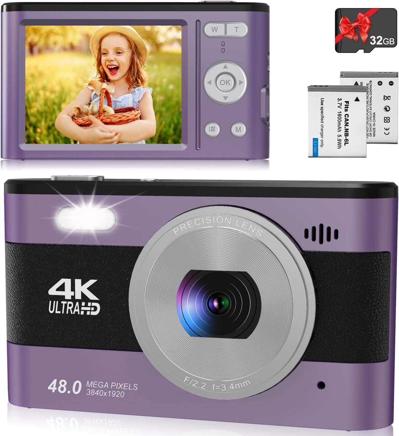 4K Compact Digital Camera with SD Card, 48MP Photo/ 4K Video 30FPS/ 2.8 ...