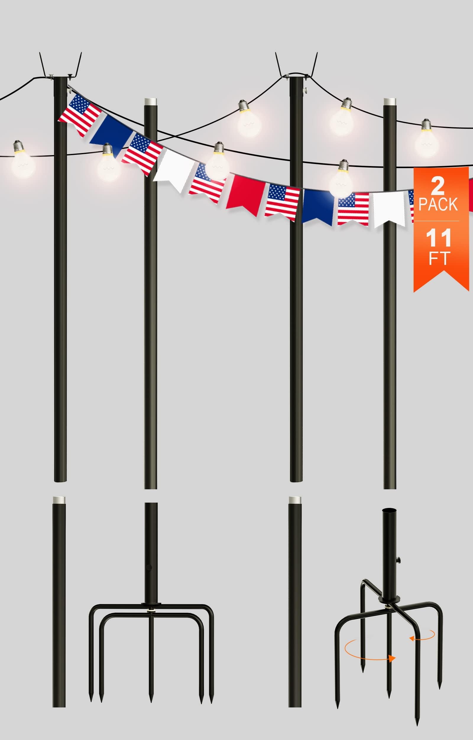 Amazon.com: Coma 2 Pack String Light Poles for Outdoor, 11ft Rust-Proof ...