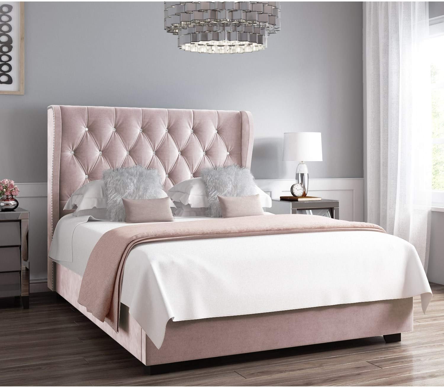 Upholstered Single Bed Frame In Pink Plush Velvet – 48 Inch High ...