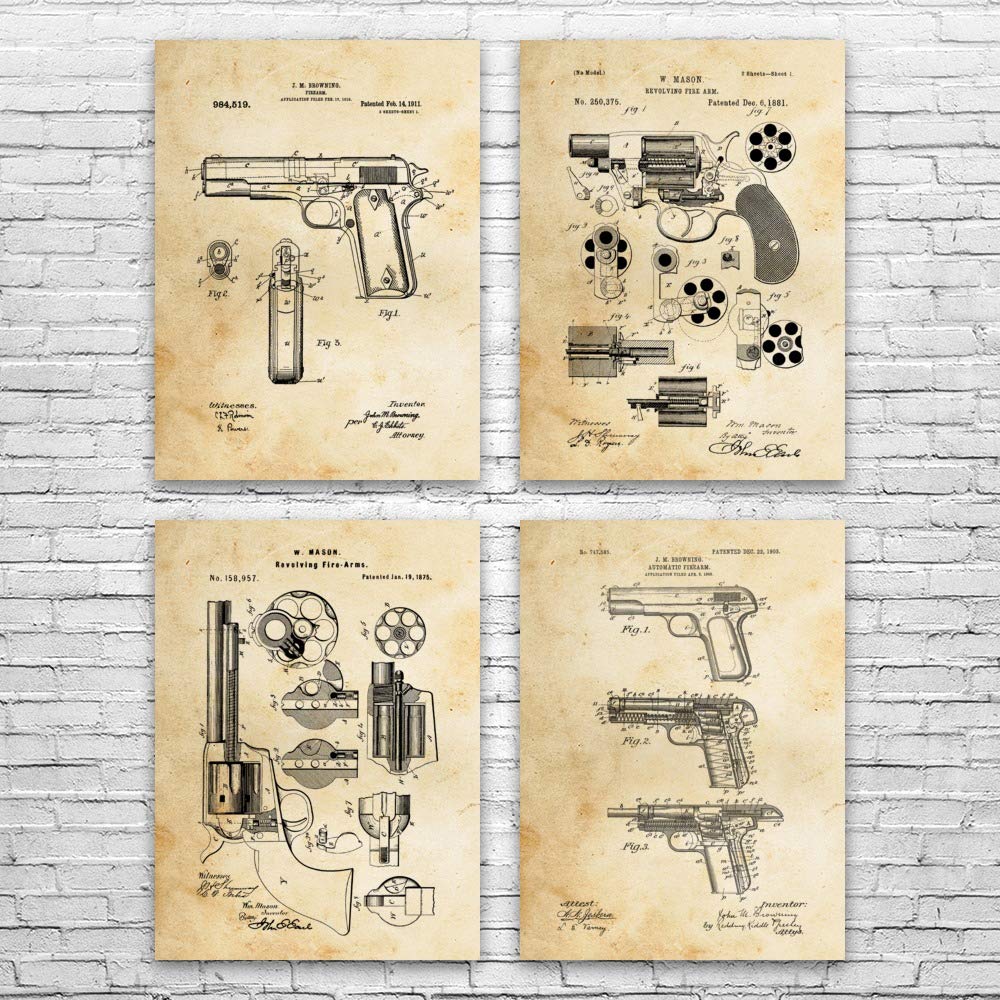 Amazon.com: Handgun Patent Posters Set of 4 (16x20), Gun Blueprint, Gun ...