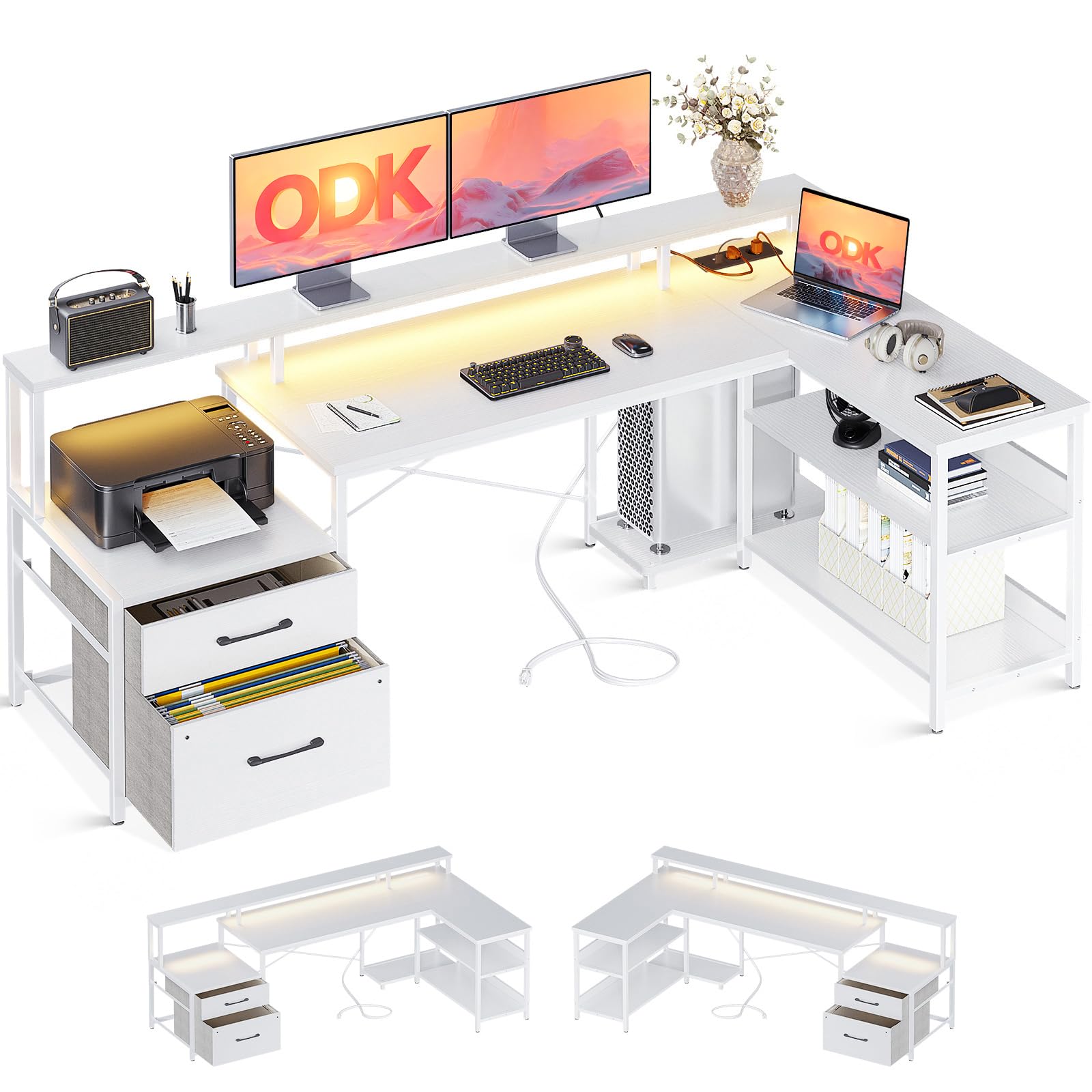 ODK Bureau avec Tiroirs, Grand Bureau d'angle Réversible avec LED, Bureau en L avec Multiprise ...