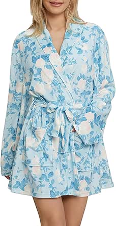 Amazon.com: Women Y2k Floral Robe Soft Long Sleeve Shawl Collar Belted ...