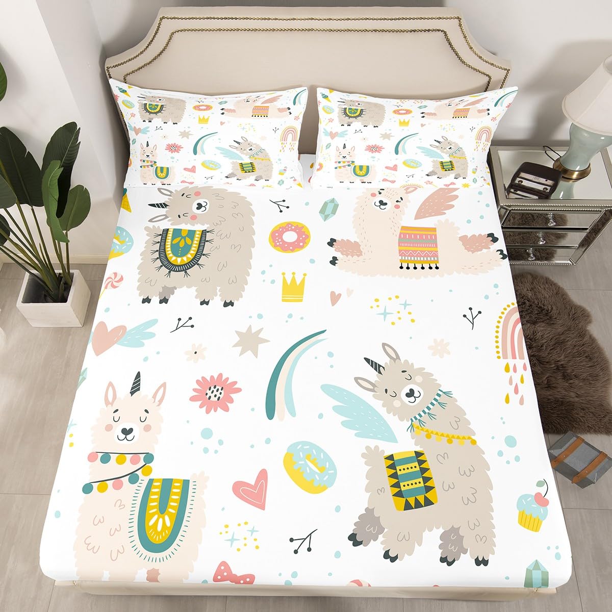 Amazon.com: Feelyou Llama Alpaca Fitted Sheet Kids Cute Llama Donuts ...