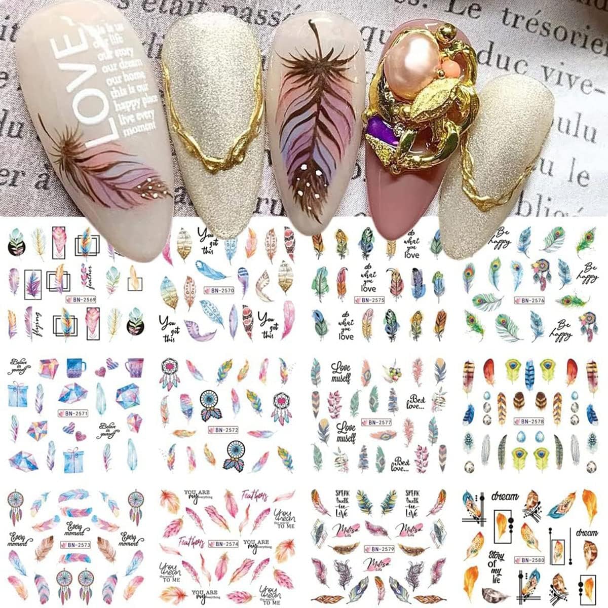 Amazon.com: 12 Sheets Feather Nail Art Stickers, Holographic Water ...