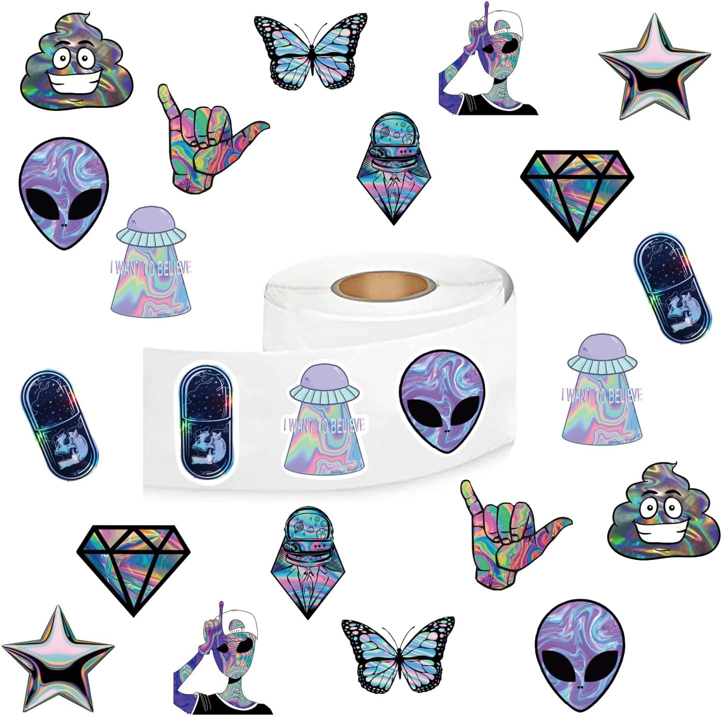 Amazon.com: 500 Pcs Laser Holographic Alien Sticker Aesthetic Round ...