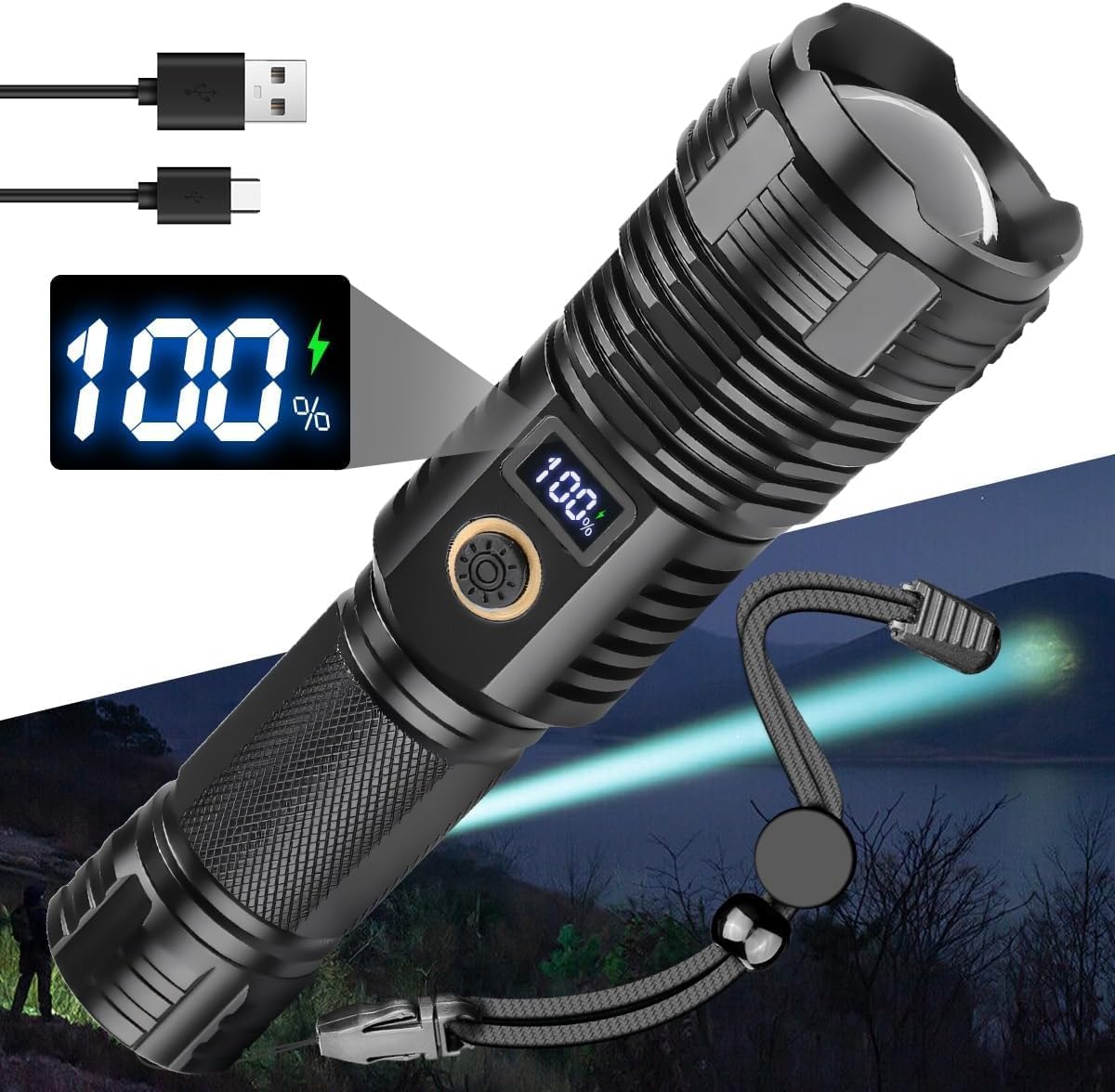 5000 Lumen Rechargeable Tactical Flashlight,XHP50 LED for Hiking ...