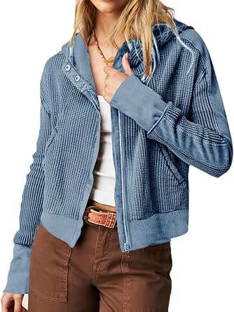 Amazon.com: BQDCQB Women Crop Waffle Knit Jacket Fall Zip Up Casual ...