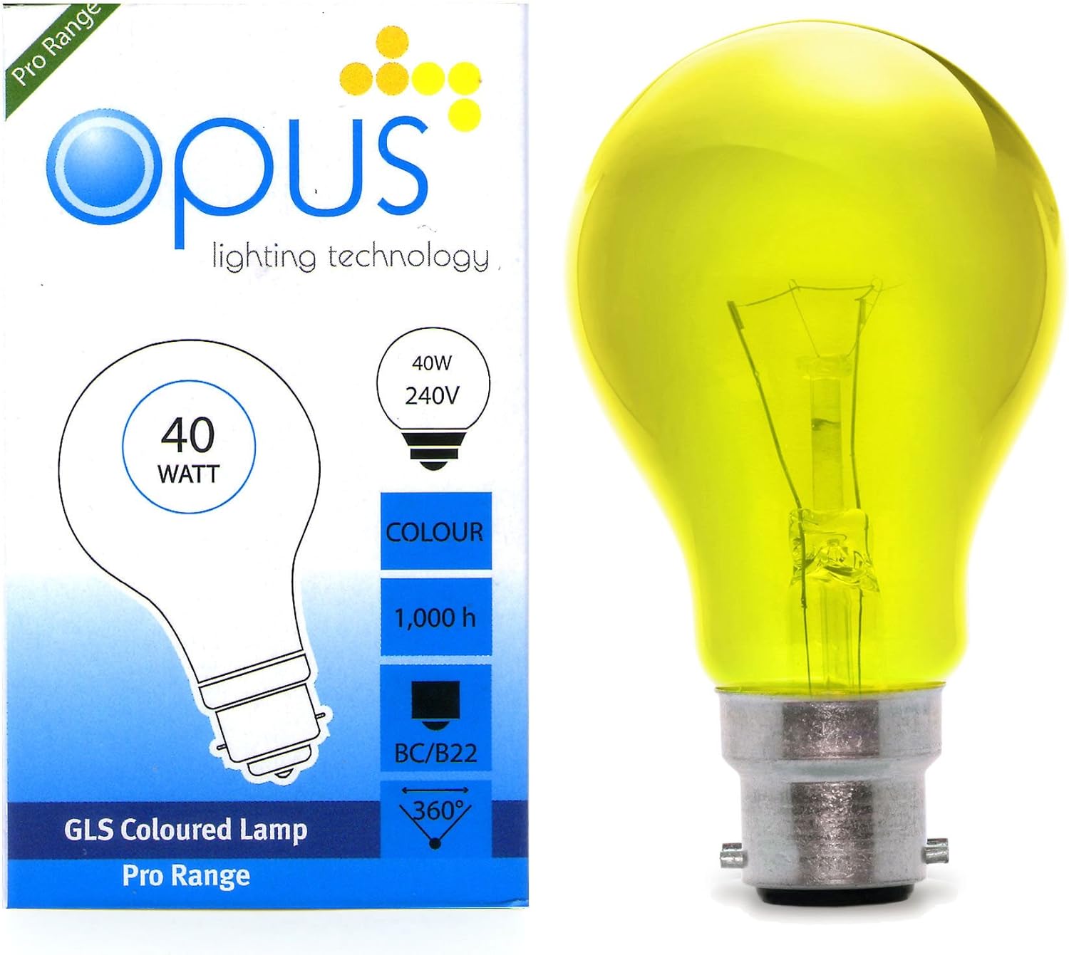 5 x Opus 40w BC B22 Bayonet Cap Yellow Coloured GLS Light Bulbs ...