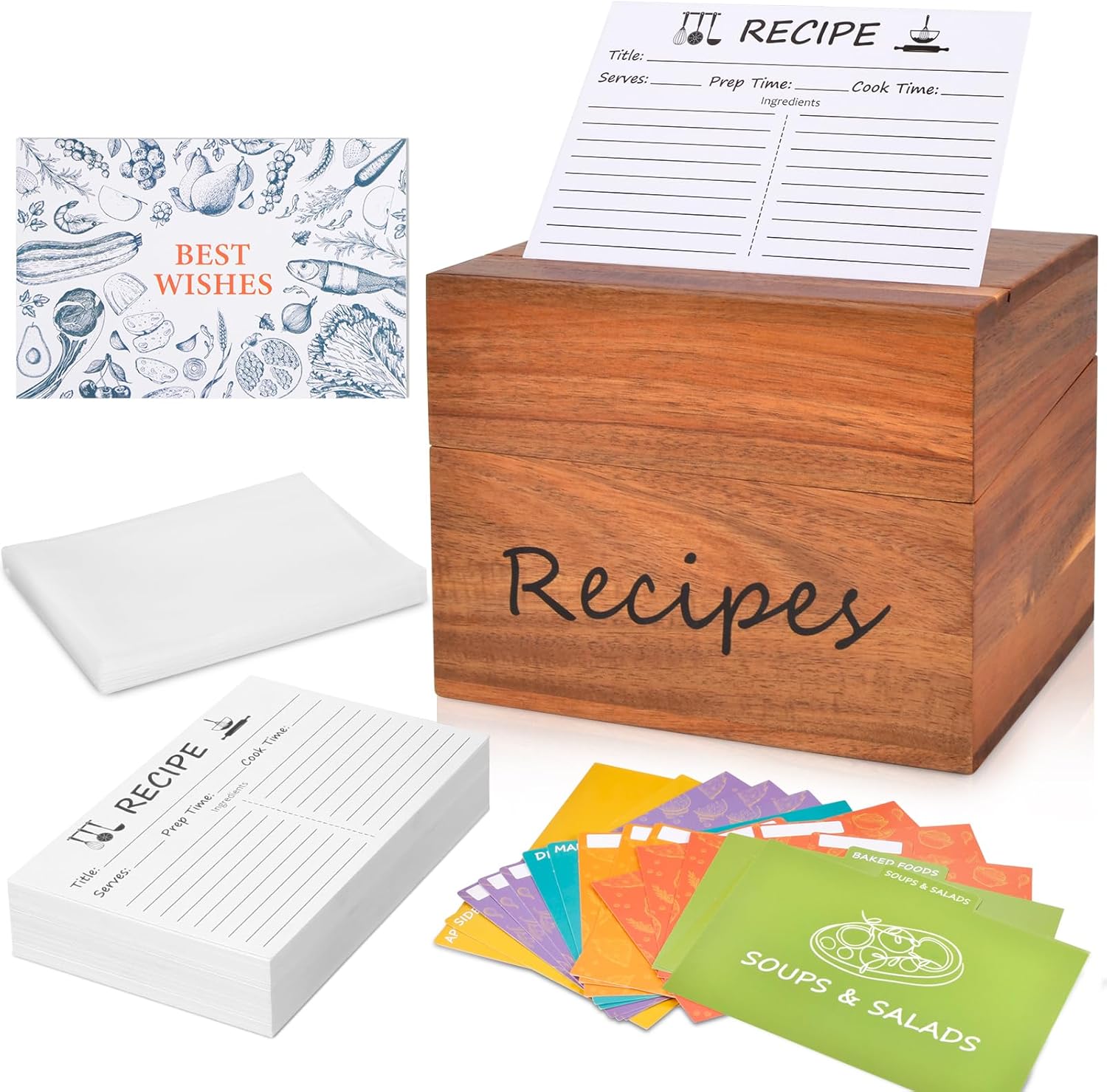 Amazon.com: Recipe Box,Recipe Cards 100 Size 4"x6" with 15 Divider,1 ...