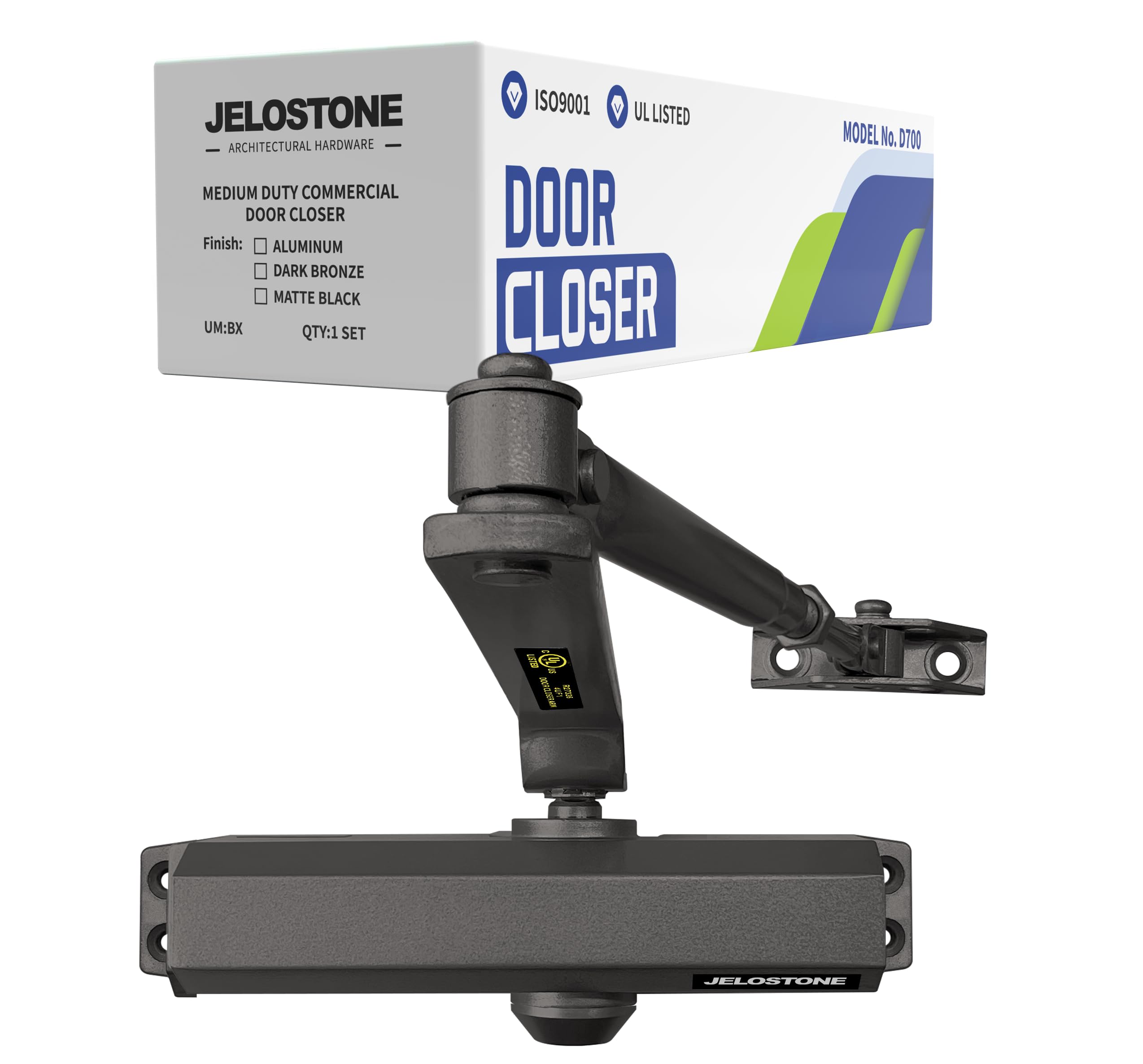 JELOSTONE Medium Duty Commercial Door Closer D700, UL 3 Hour Fire Rated, Fixed Size #3 Spring ...