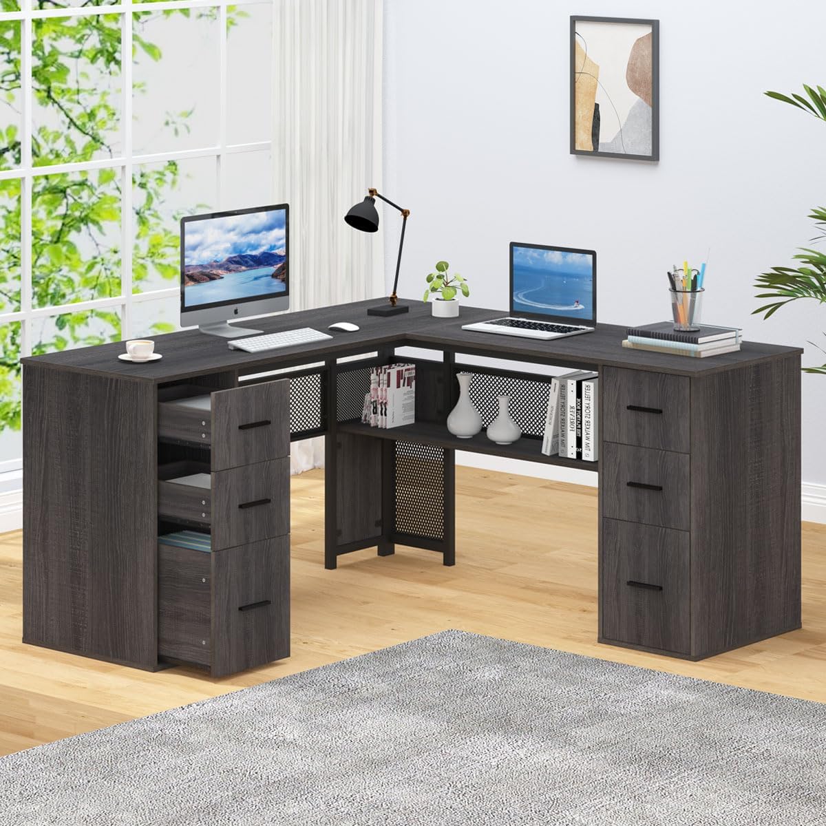 Amazon.com: HSH L Shaped Corner Home Office Desk with Drawers, Large ...