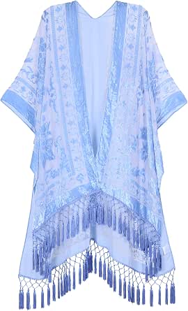 MJ SERECA Women's Burnout Velvet Kimono Long Cardigan Cover Up Without ...