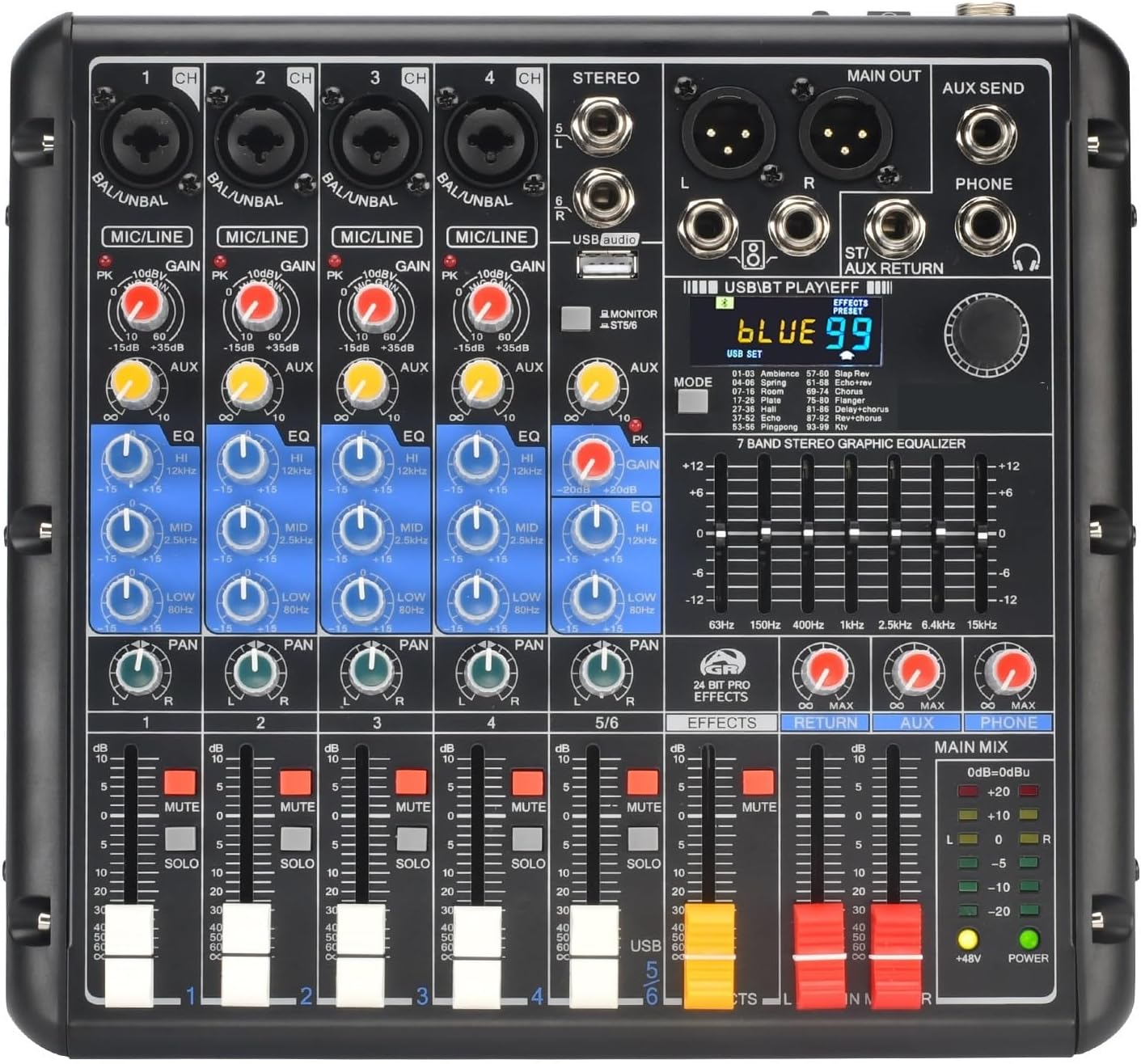 Professional Audio Mixer 6 Channel Audio Mixer 99 DSP Effect 5.0 7 Band ...