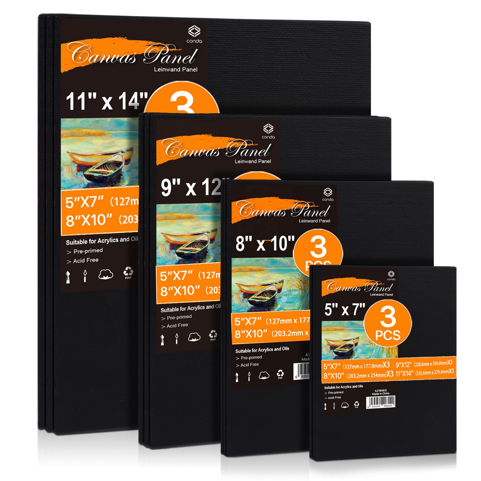 Snapklik.com : CONDA Black Canvas Board For Painting, 12 Pack Multi ...