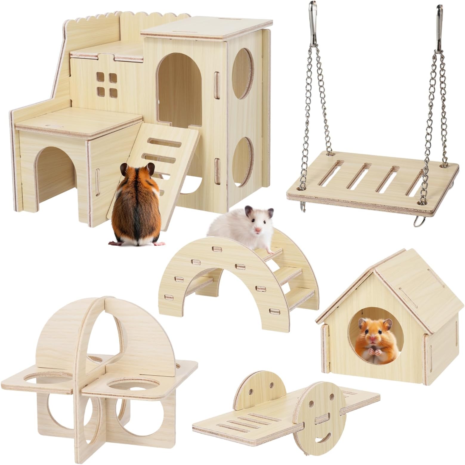 Wooden Hamster Toy Set, 5 Pcs Hamster Toys Set, Wooden Pine Guinea Pigs ...