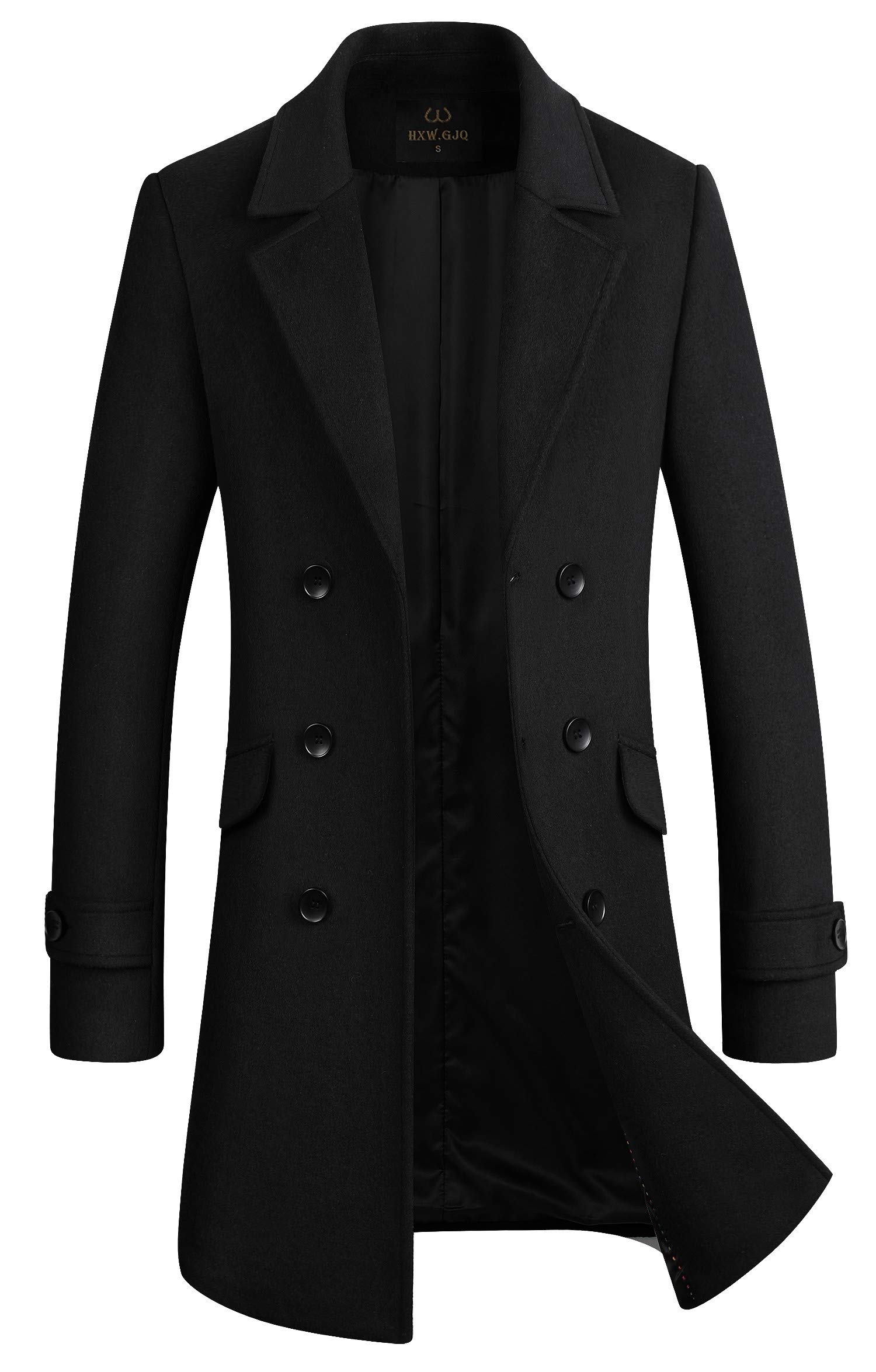 HXW.GJQ Men's Premium Wool Blend Double Breasted Long Pea Coat at ...