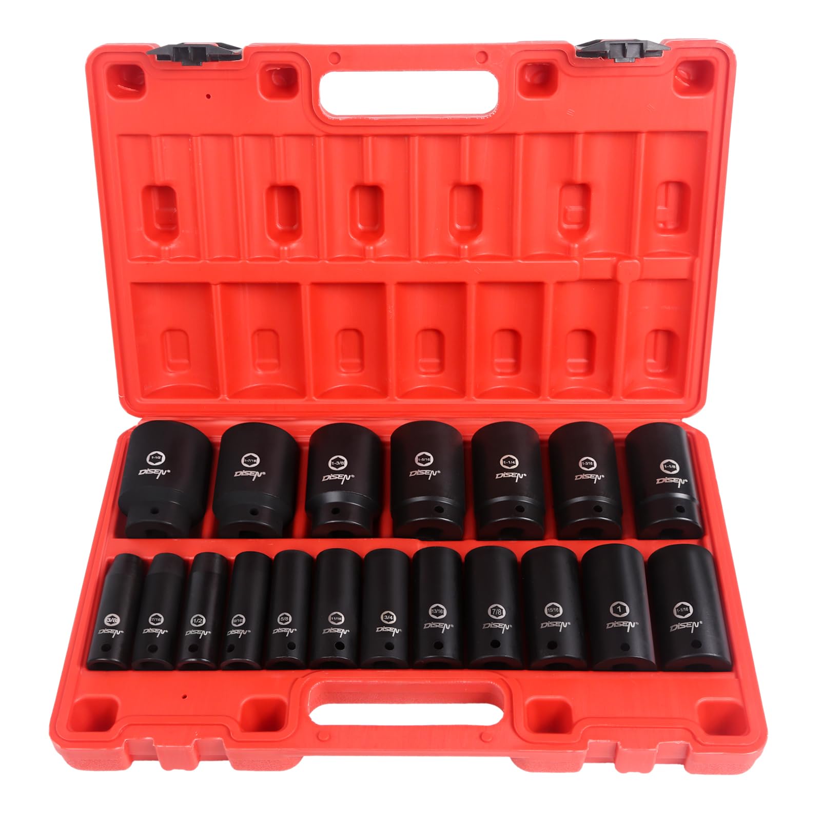 DISEN 1/2" Impact Socket Set, 19Pcs Deep Sockets 6-Point, Cr-V&Alloy ...