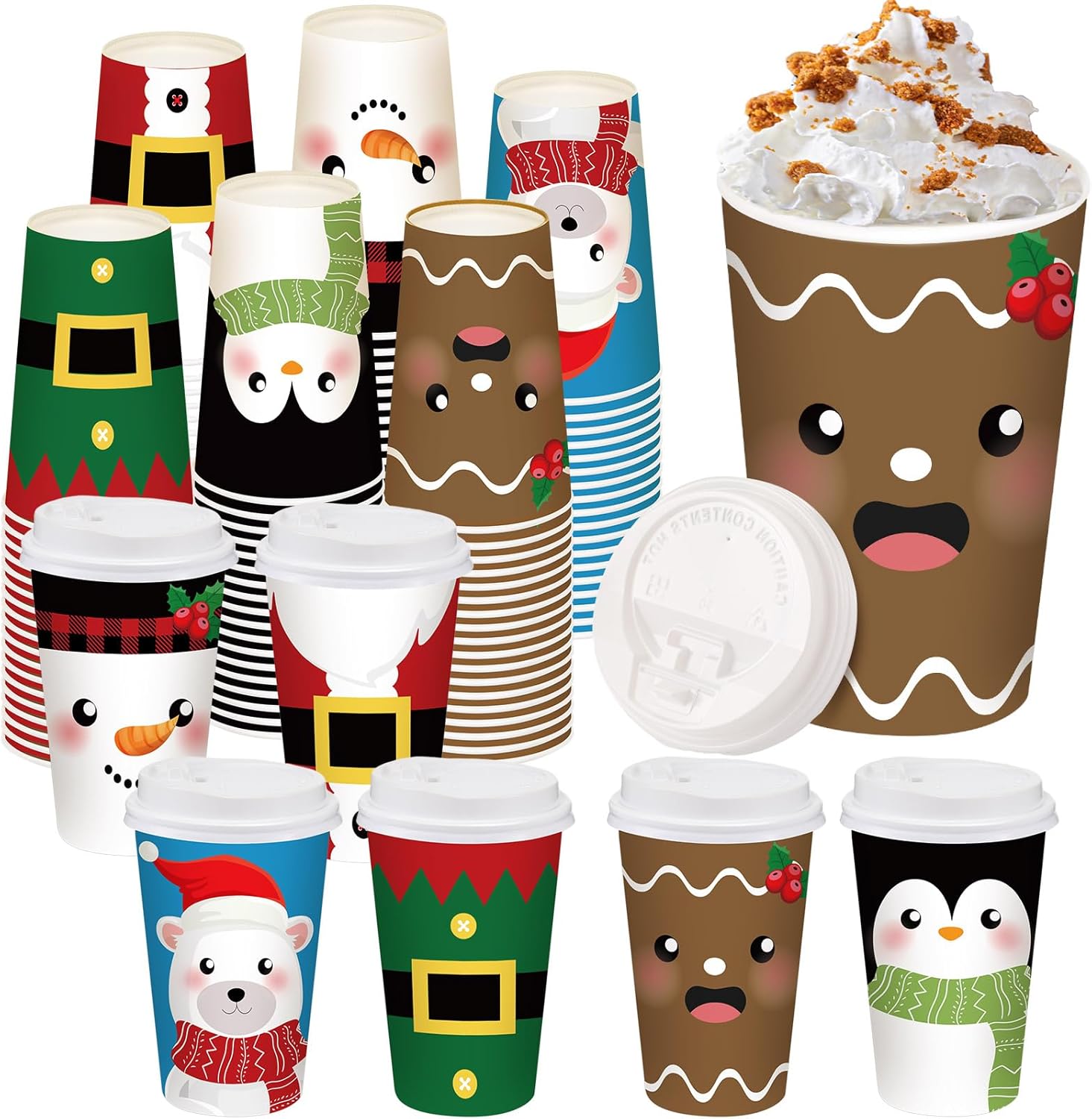Amazon.com: Umigy 60 Sets Christmas Coffee Paper Cups with Lids 16 oz ...