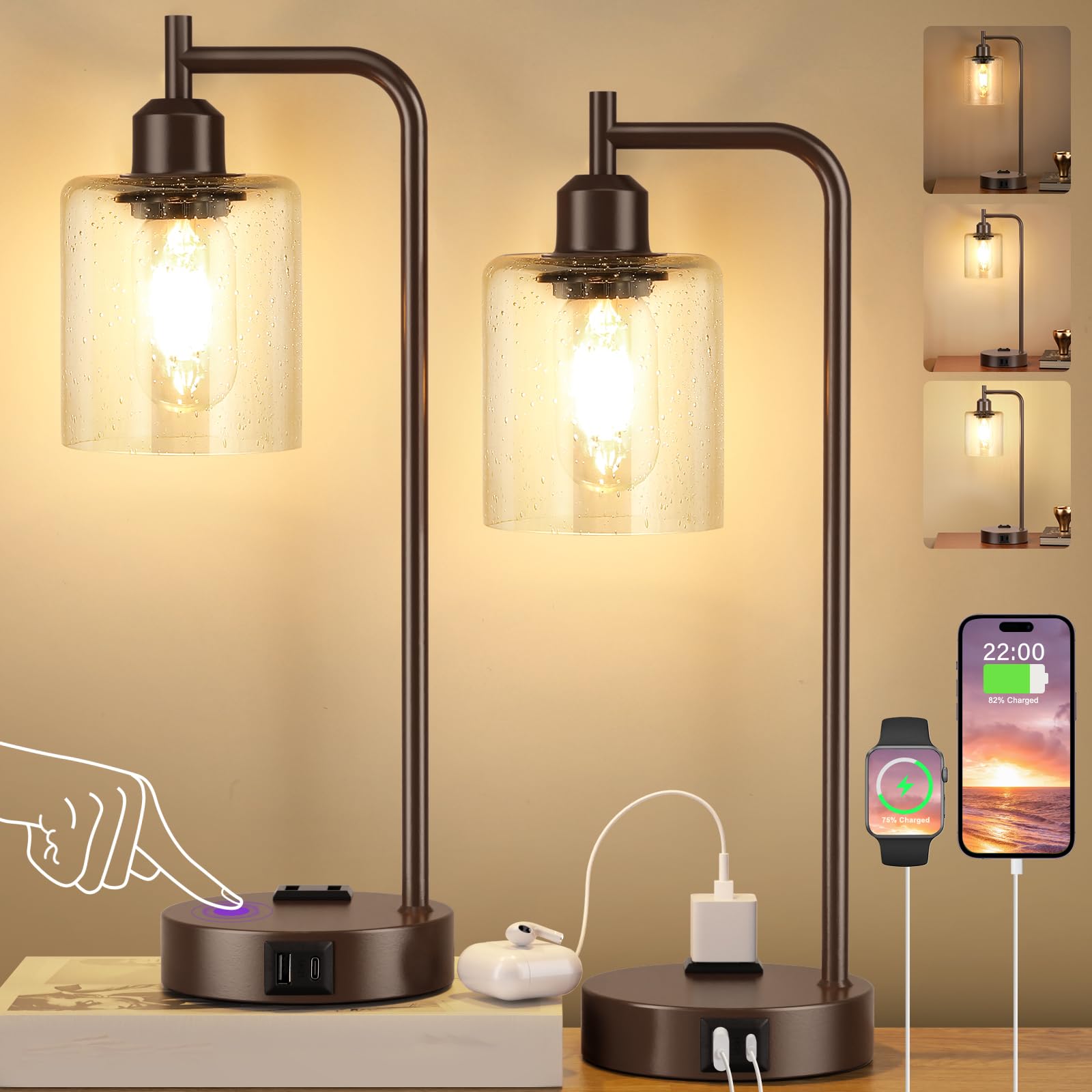 Amazon.com: Industrial Touch Table Lamps for Bedrooms Set of 2 - 3-Way ...