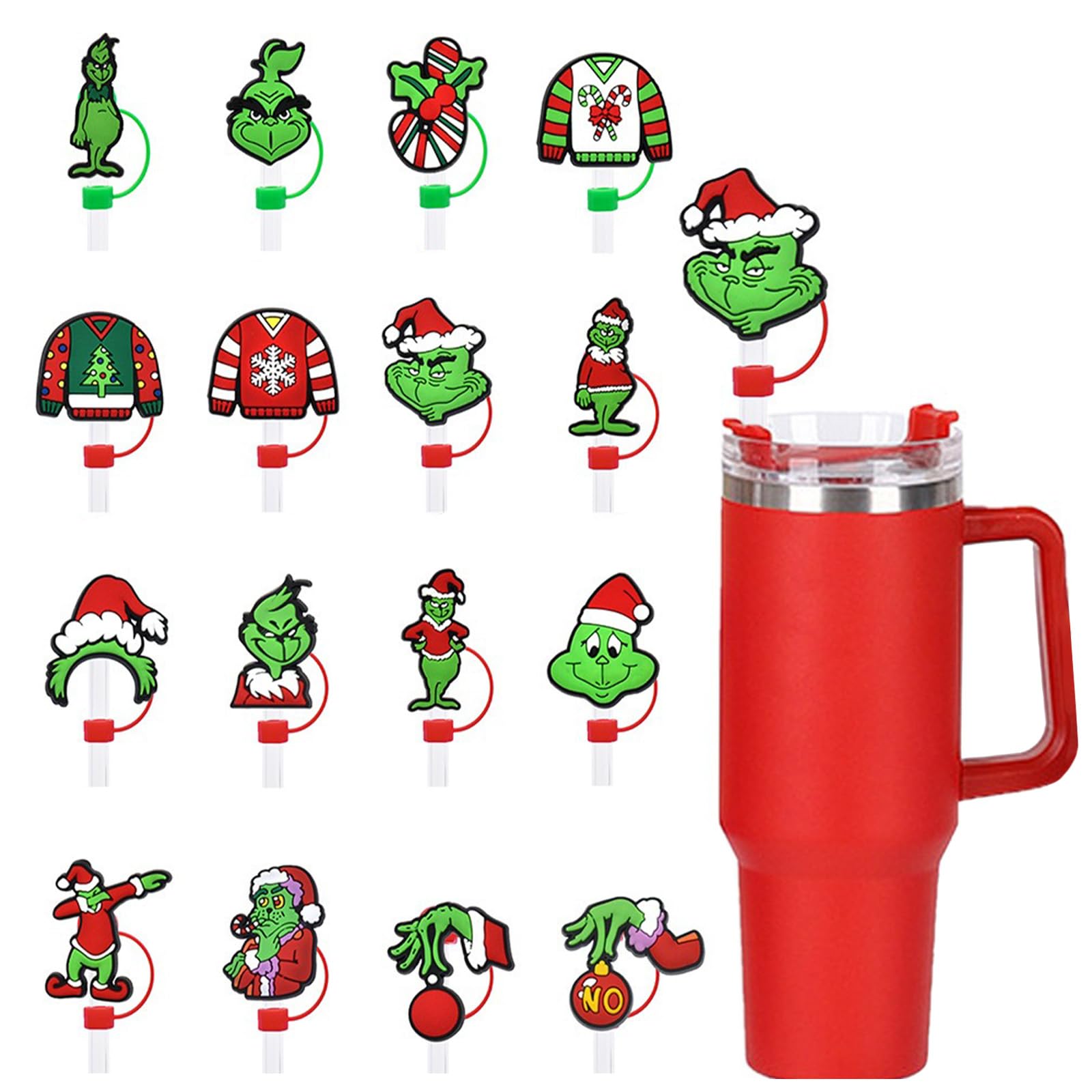 Amazon.com: 16 PCS Christmas Straw Toppers for Stanley, Cartoon Grinch ...