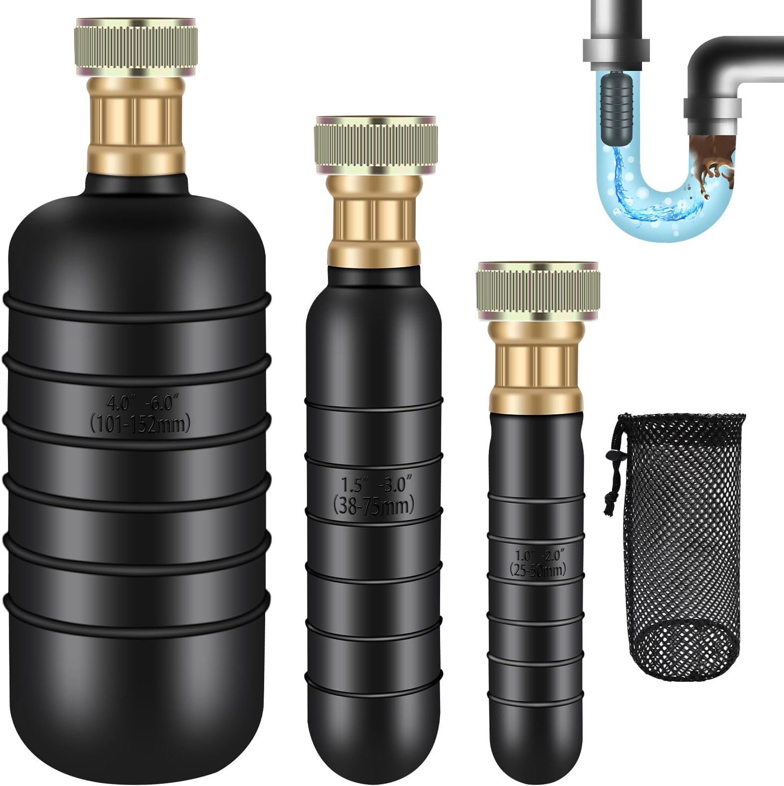 3 PCS Universal Drain Bladder Kit, Drain Cleaning Bladders Fits 1" to 6 ...