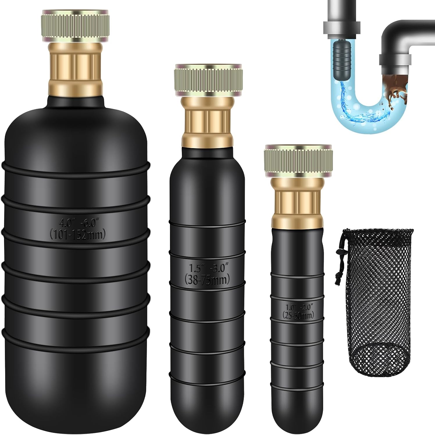 3 PCS Drain Cleaning Bladder, AHIER Drain Bladder Kit Different Sizes ...