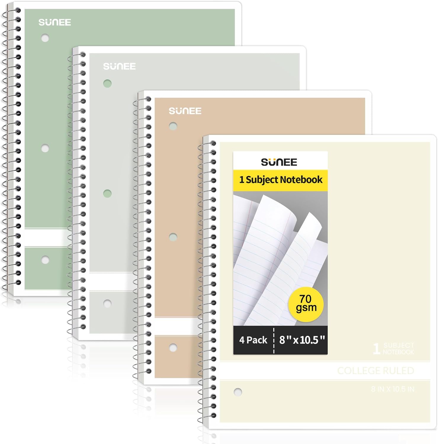 SUNEE Spiral Notebooks College Ruled, 1-Subject, 4 Pack, 8 x 10-1/2 ...