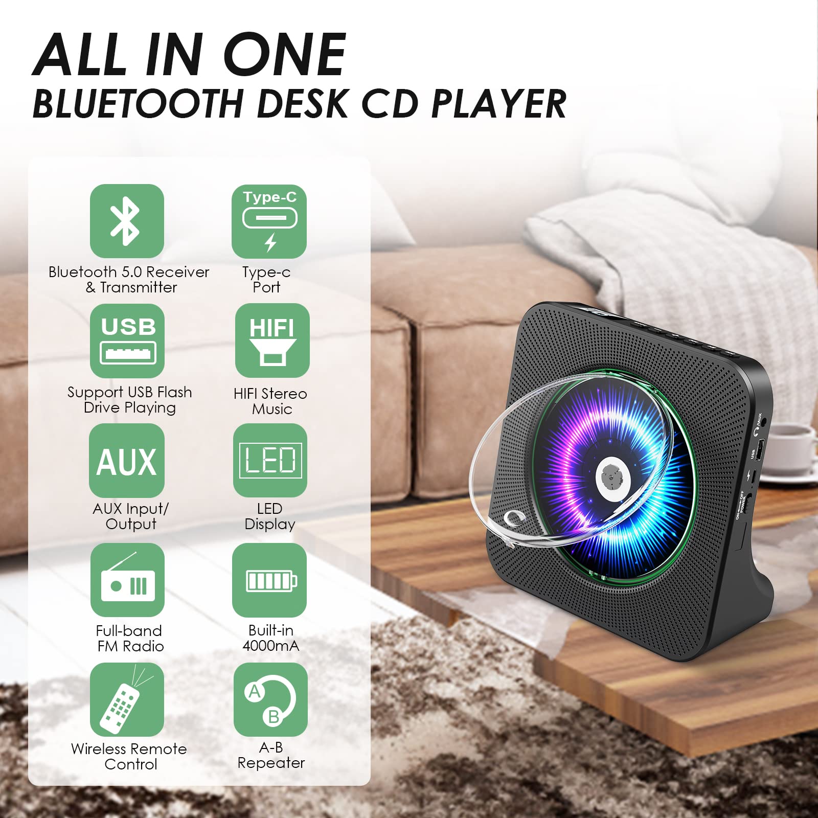 Snapklik.com : Gueray CD Player Portable Bluetooth: Desktop 4000mAh Rechargeable CD Players For Home
