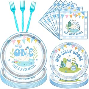 Amazon.com: Silly One Goose Birthday Decor - Aposwow 96PCS Blue One ...