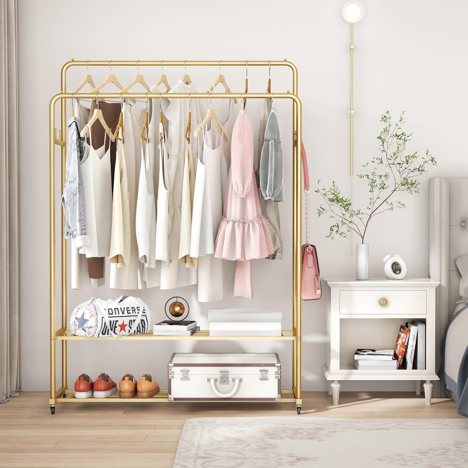 Snapklik.com : Double Rod Rolling Gold Clothing Garment Rack, Metal ...
