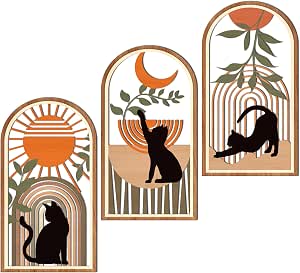 Amazon.com: Urtumblers Bohemian Cat Wall Art Set - 3 Wooden Decorations ...