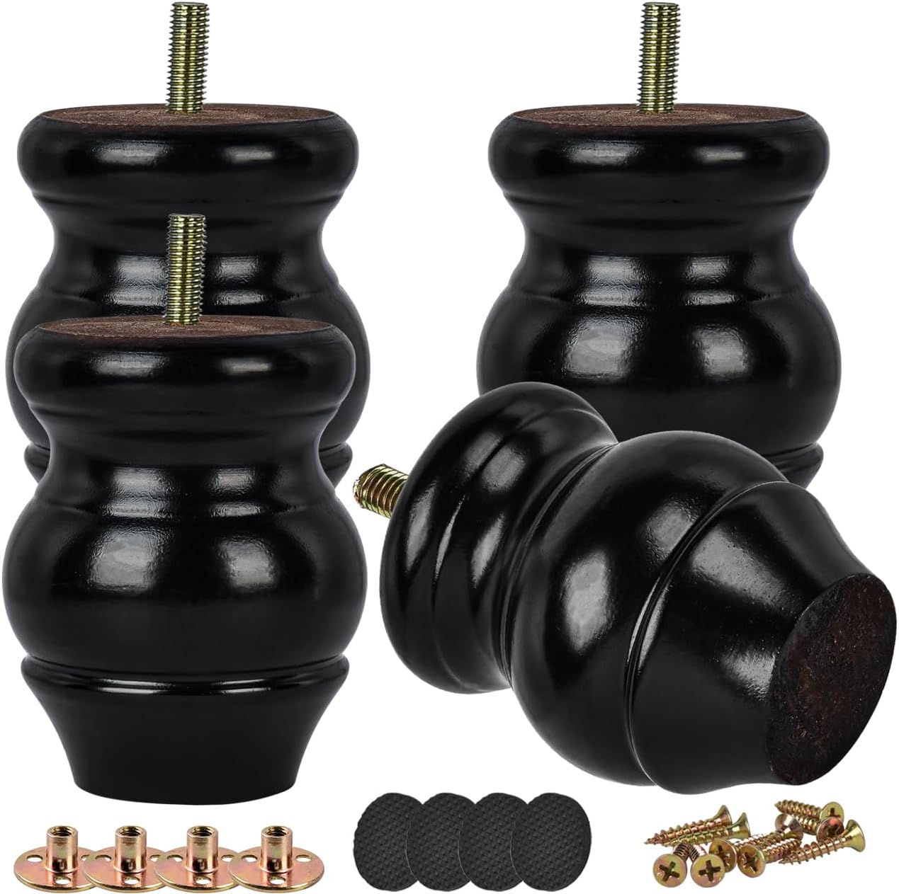 Btowin 4 Pack Furniture Legs, 4 Inch Solid Wood Turned Black Furniture ...