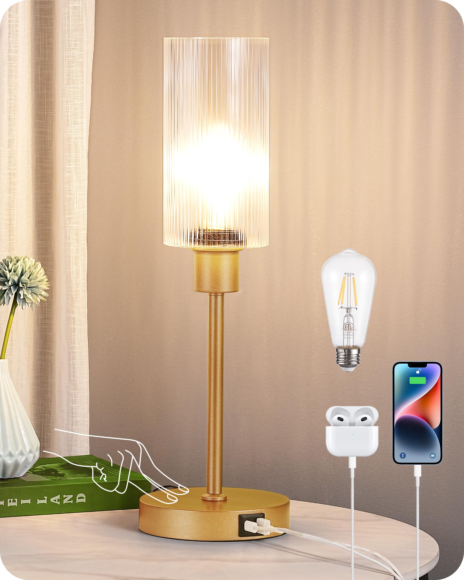 EDISHINE Glass Table Lamp, Touch Control Bedside Lamp with USB C+A ...