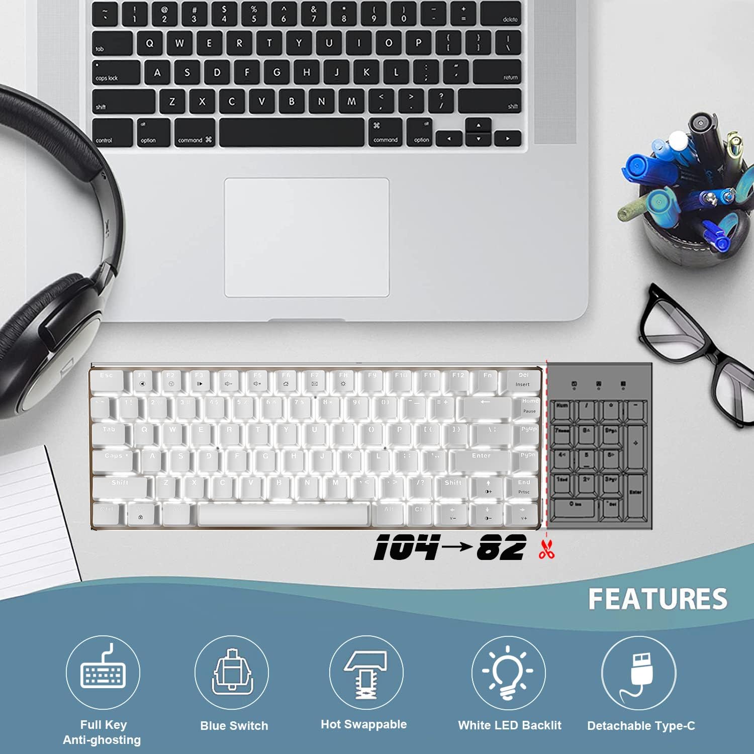 60% Mechanical Gaming Keyboard Hot Swappable Compact 82 Keys Wired Type ...