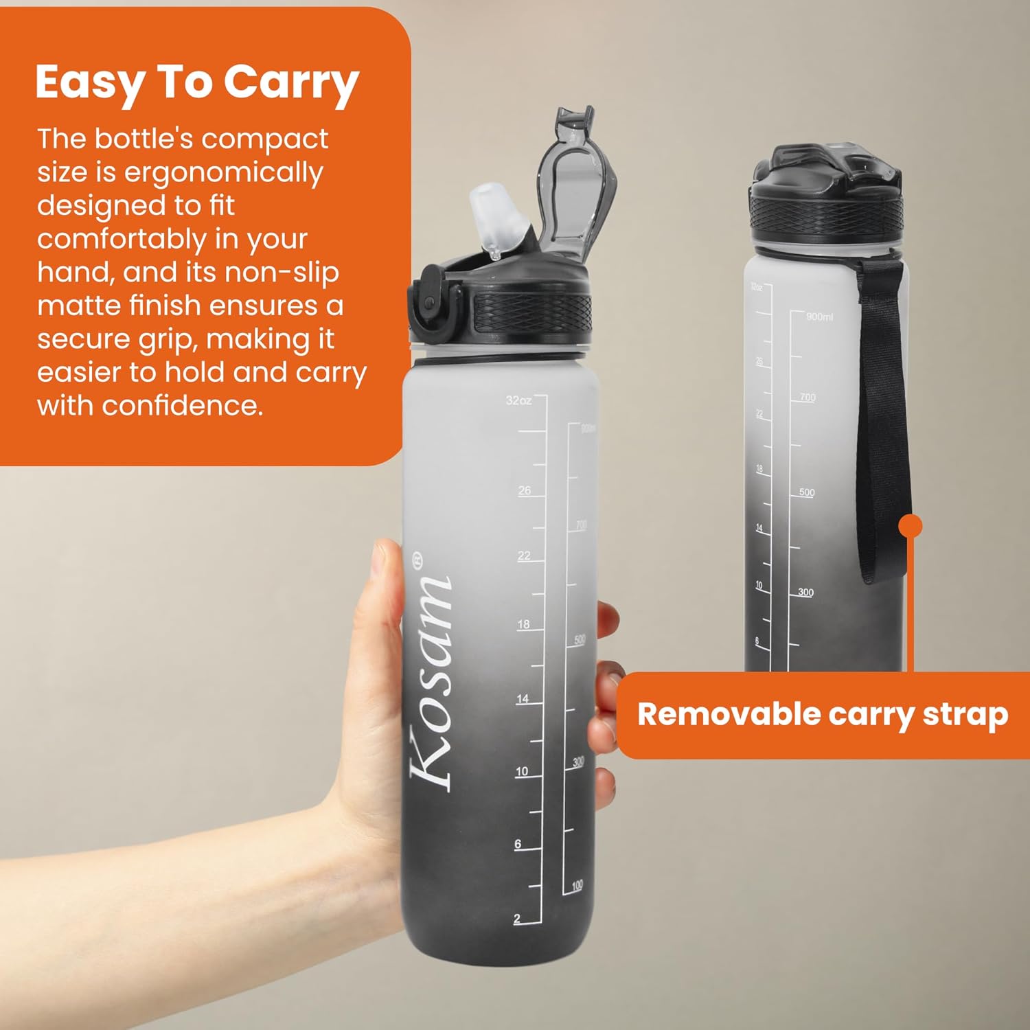 Botella de agua deportiva de 1 litro con marcador de tiempo motivacional y pajilla, apta para ...