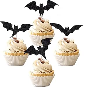 Amazon.com: Crseniny 24 Pcs Bat Cupcake Topper,Black Glitter Bat ...