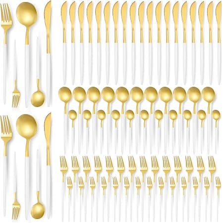 Amazon.com | Matte Gold Silverware Set with white handle, Bysta 20 ...
