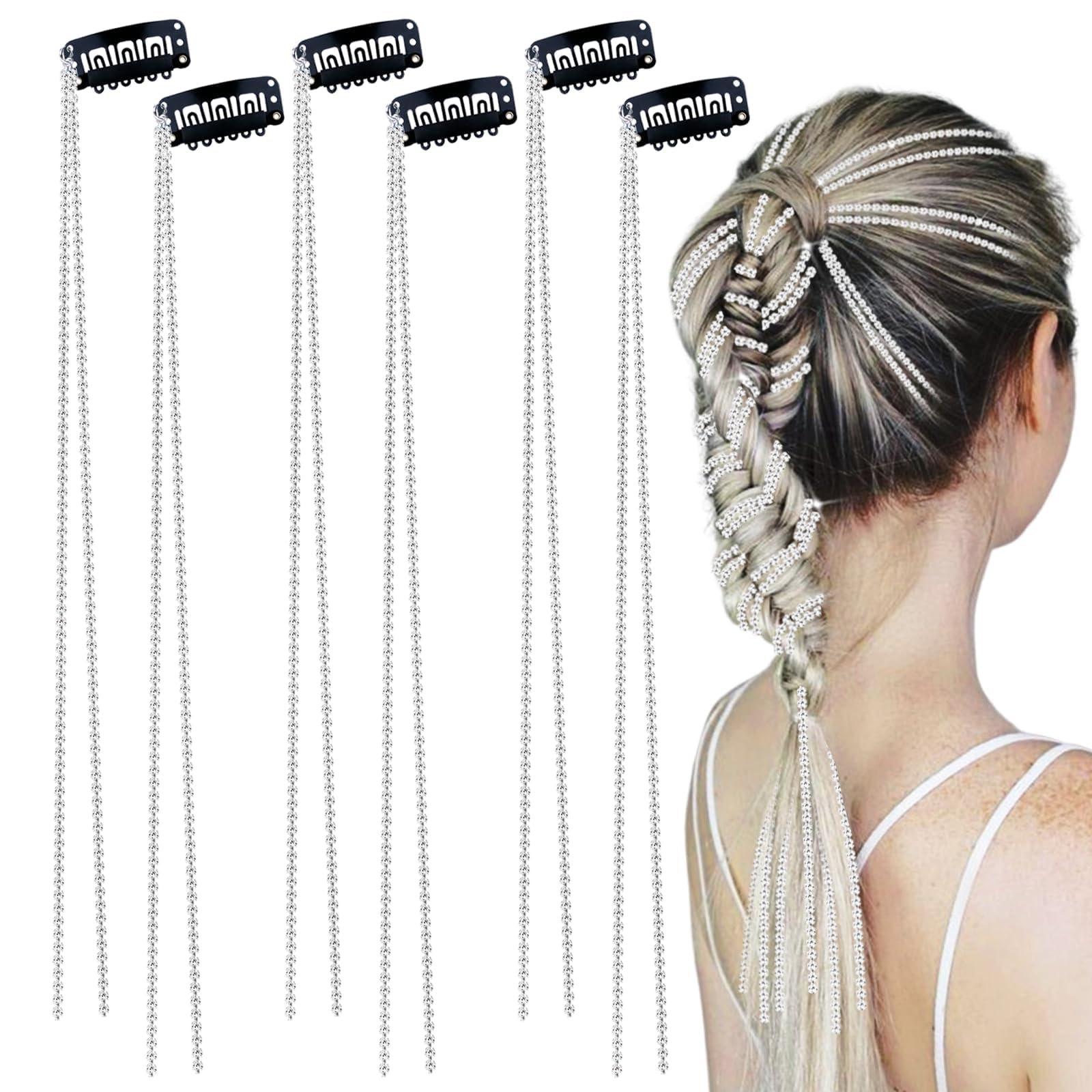 Amazon.com : 8 PCS Long Rhinestone Hair Chains Silver Punk Crystal Hair ...