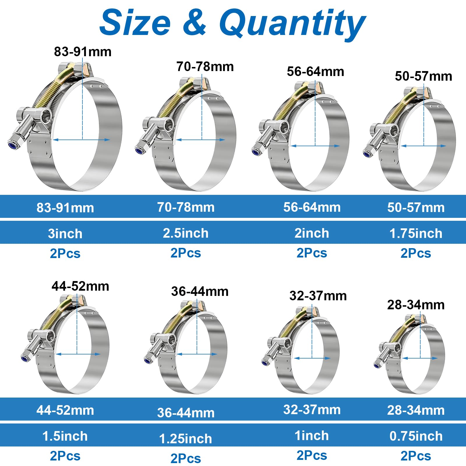 Snapklik.com : 16Pcs 8 Sizes T-Bolt Hose Clamps, 304 Stainless Steel ...