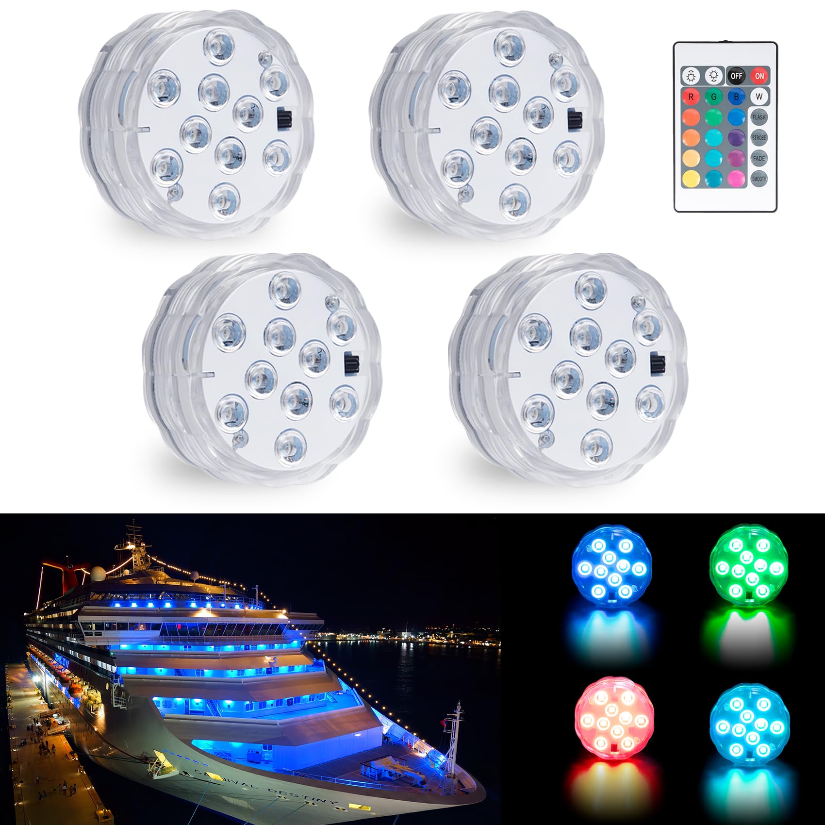 Snapklik.com : Obcursco Wireless Boat Lights, Battery-Powered RGB Multi ...