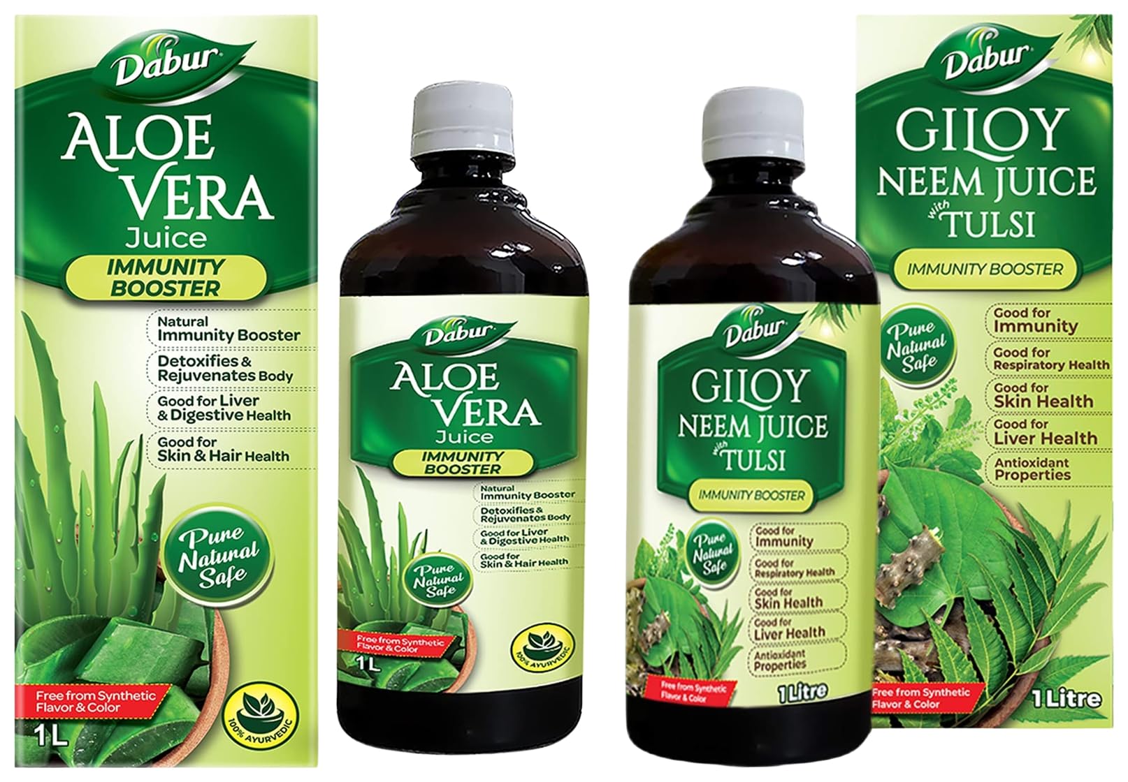 Dabur Aloe Vera Juice - 1L and Giloy Neem Tulsi Juice - 1L | Pure ...