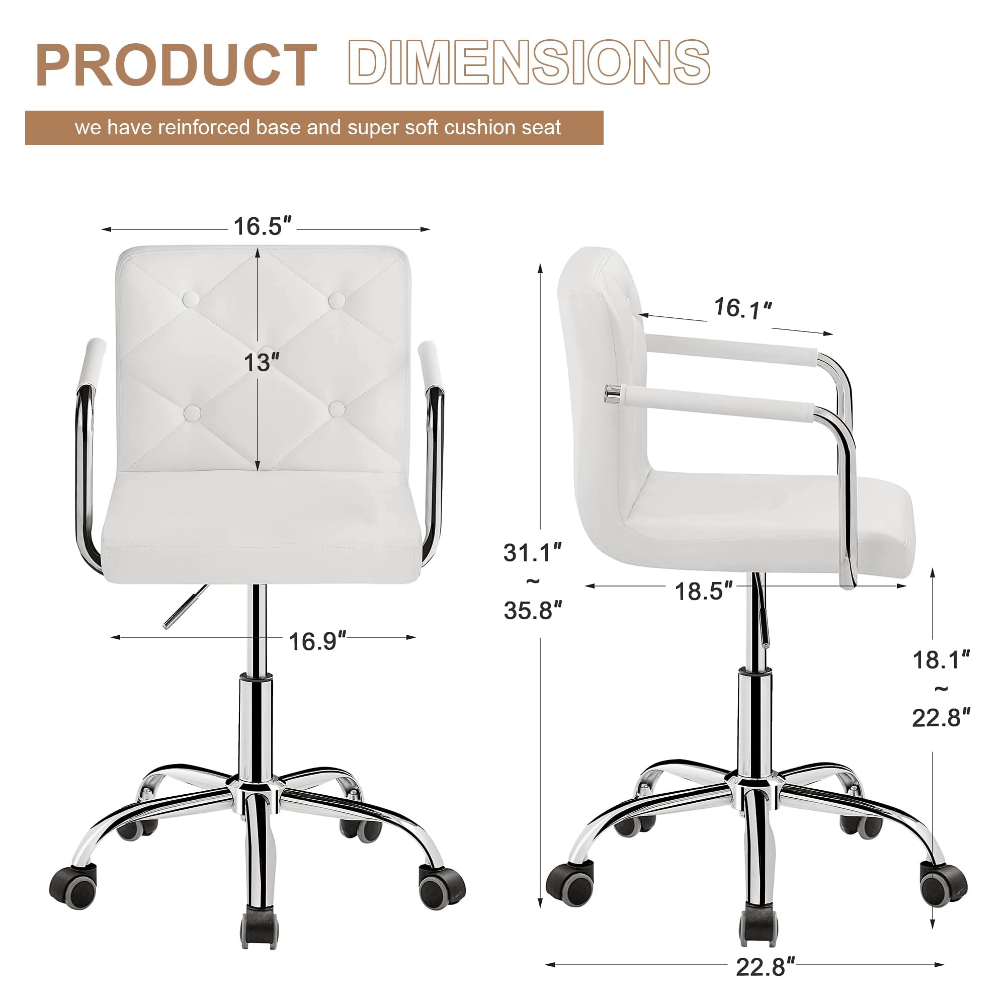 VECELO White Rolling Work Chair for Home Office Desk Adjustable Height ...