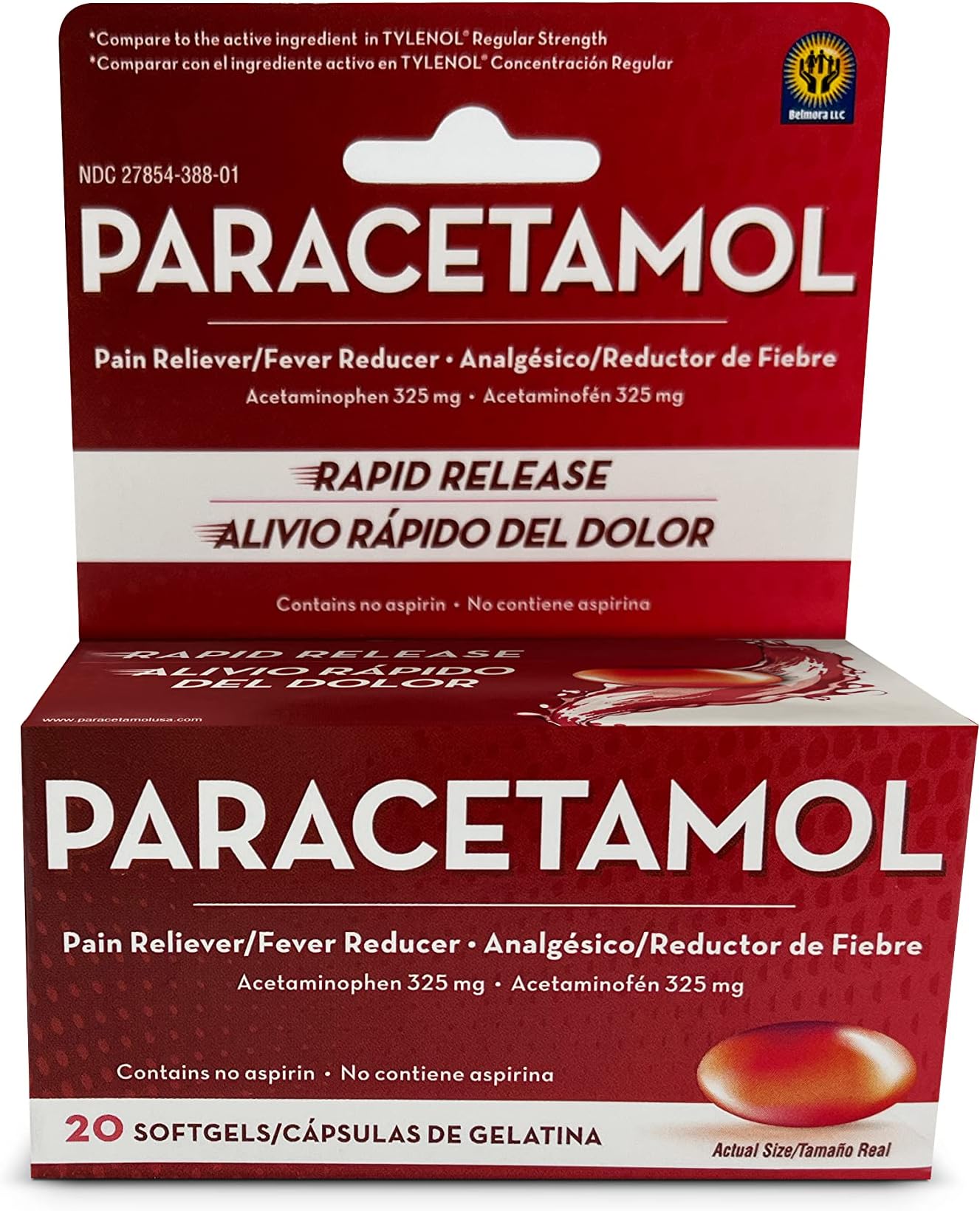 Amazon.com: Belmora paracetamol Acetaminophen 325mg 20 Softgels for ...