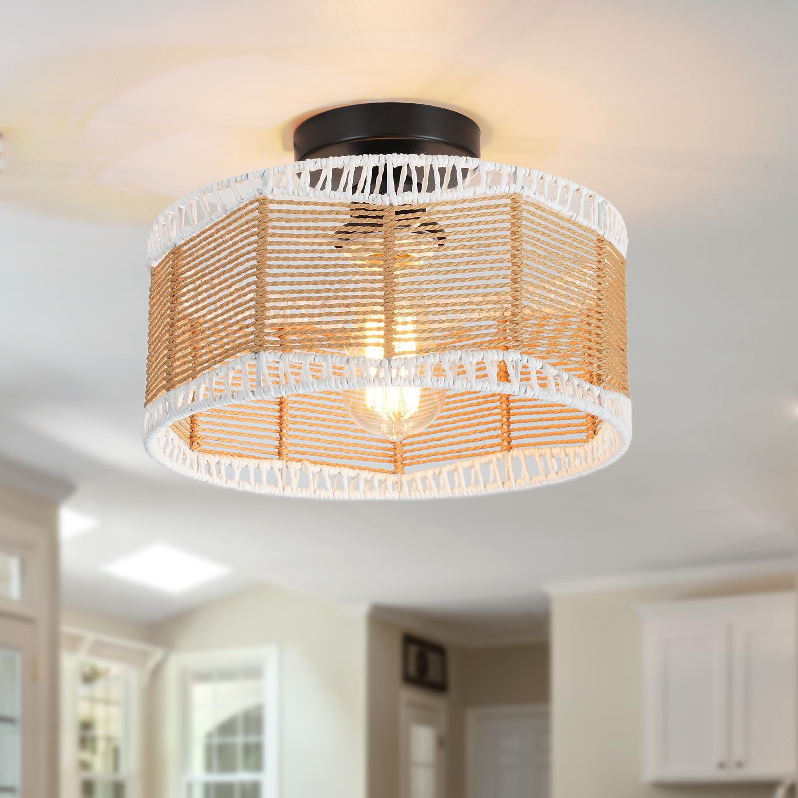 Tikitsen Boho Light Fixtures Ceiling Mount Rattan Chandelier Light ...