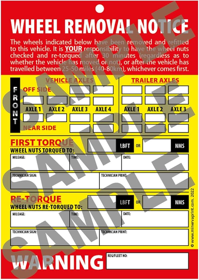 Wheel Change Notice Tag Card Re-Torque Warning - 50 Cards (with Bands ...