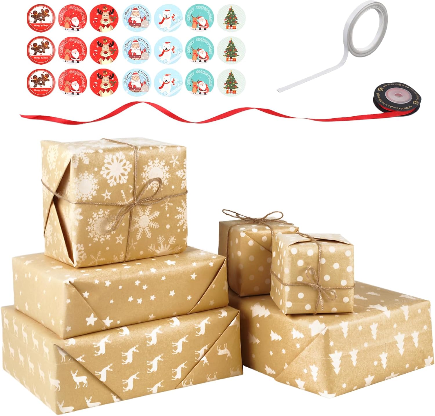 5 Styles Kraft Christmas Wrapping Paper Bulk, 100X44cm Wrapping Paper ...
