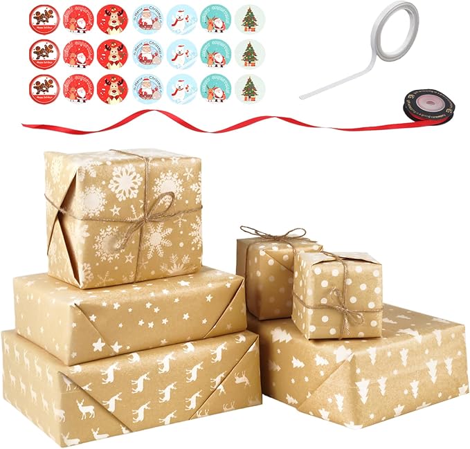 5 Styles Kraft Christmas Wrapping Paper Bulk, 100X44cm Wrapping Paper ...