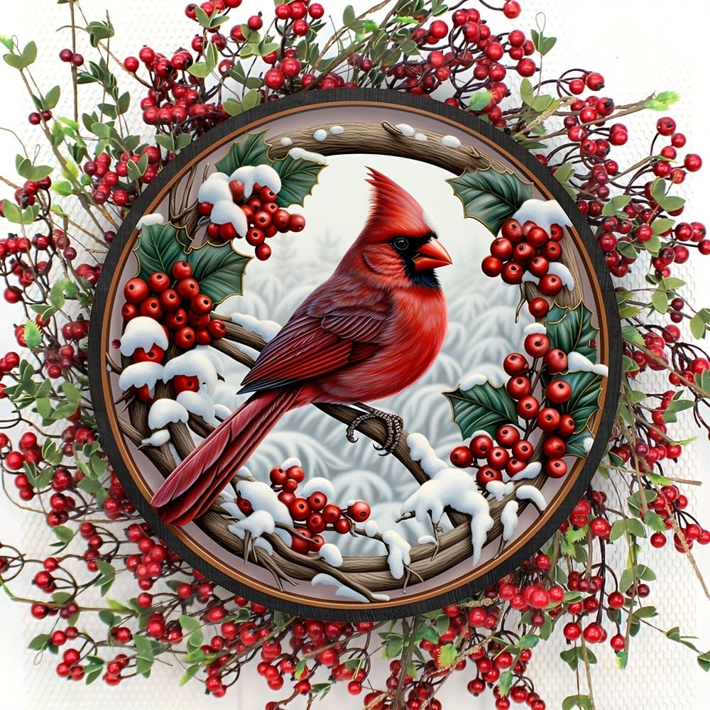 Amazon.com: Cardinal And Holly Berries Wreath Sign - Christmas Holly ...