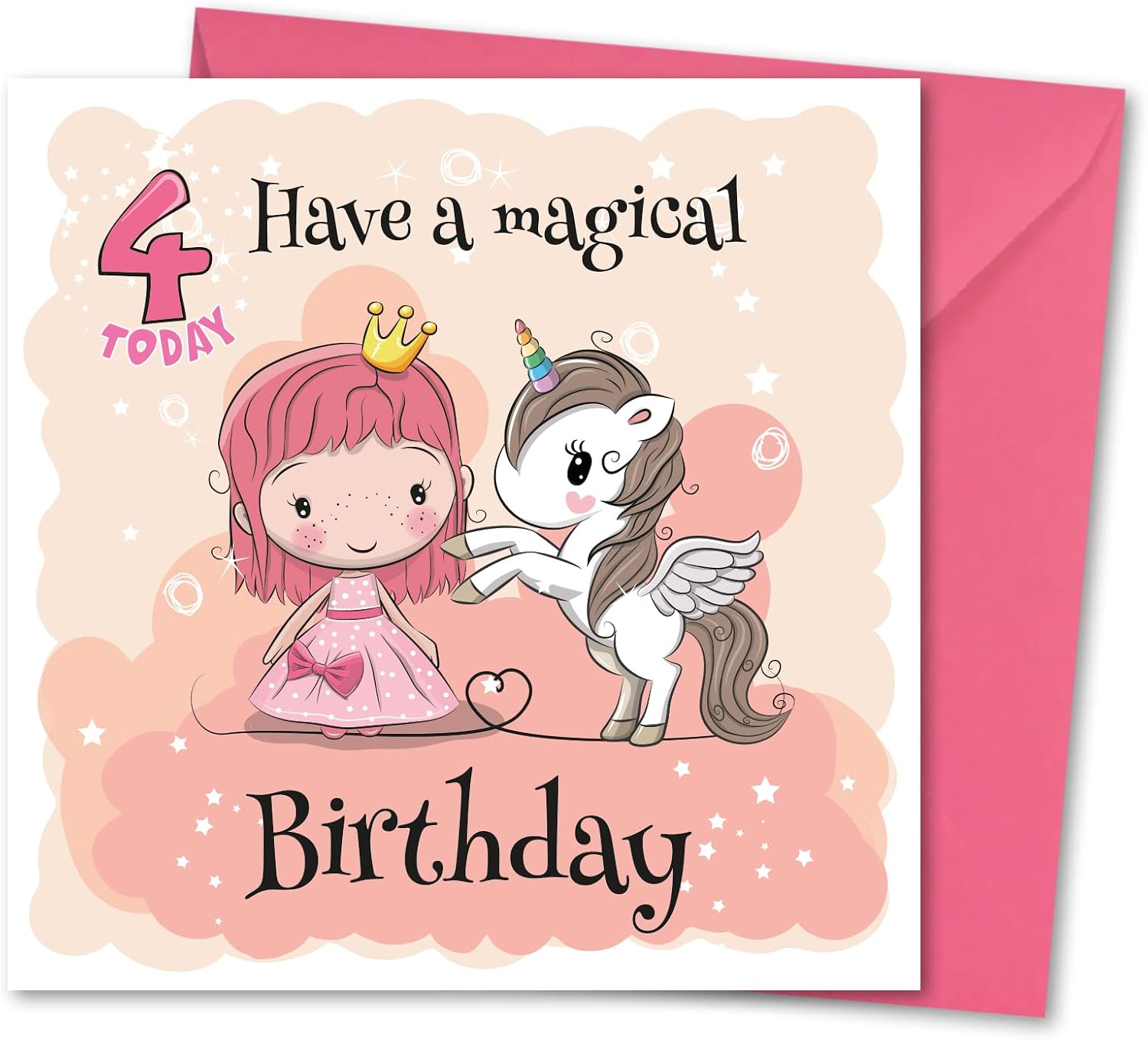 Birthday Card Age 4. Girl with Unicorn Design. 150x150mm supplied with ...