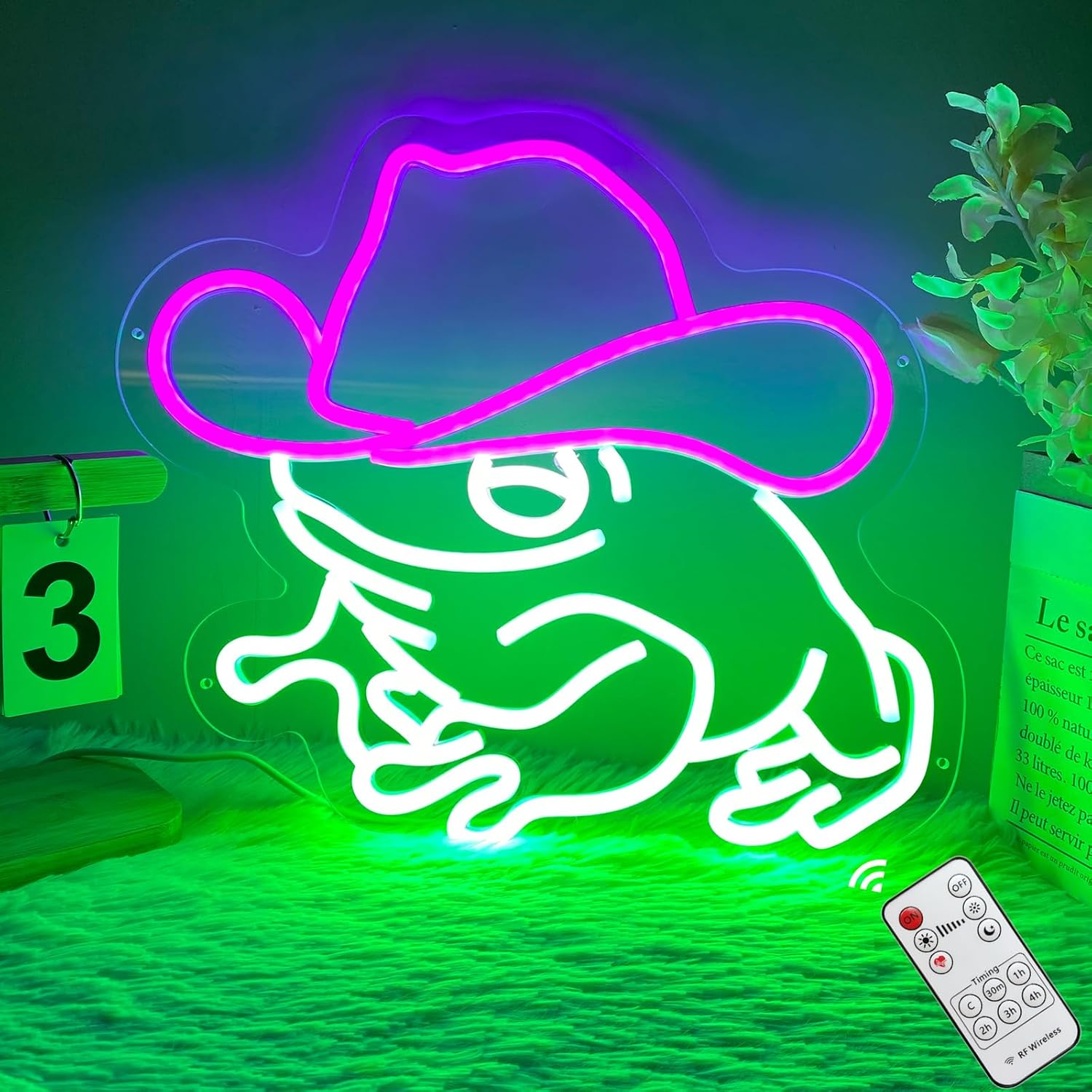 Cowboy Frog Neon Sign, Remote Dimmer Frog Wearing Purple Cowboy Hat LED ...